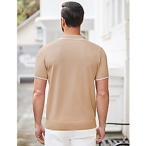 COOFANDY Mens Polo T Shirt Stripe Stretch Casual Quarter Zip Pique T Quick Dry, Light Tan, XX-Large, Short Sleeve