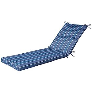Pillow Perfect Stripe Indoor/Outdoor Split Back Chaise Lounge Cushion with Ties, Plush Fiber Fill, Weather, and Fade Resistant, 72.5" x 21", Blue/White Wickenburg, 1 Count