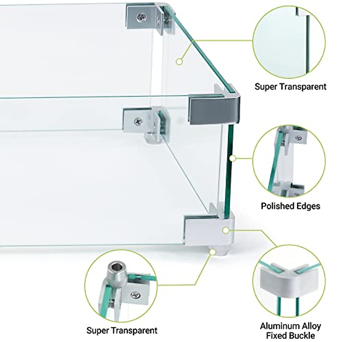 ECOTOUGE Fire Pit Wind Guard for Fire Table, 30.7” x13” x4.7” Clear Tempered Glass Flame Guard with Hard Aluminum Corner Bracket & Rubber Feet