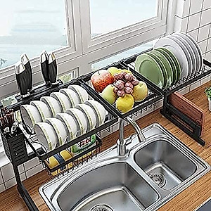 Plate Rack Dish Drainer Rack Over Sink Display Shelf Drainer Stainless Steel Kitchen Supplies Storage Shelf Utensils Holder Pan Plate Holder (Color : Black, Size : 65x32x52cm)