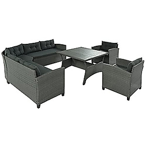 DHPM 6 Pieces Patio PE Wicker Furniture Set Outdoor Brown Rattan Sectional Conversation Sofa Chair with Storage Table and Beige Cushions, for Garden, Yard, Deck, Black