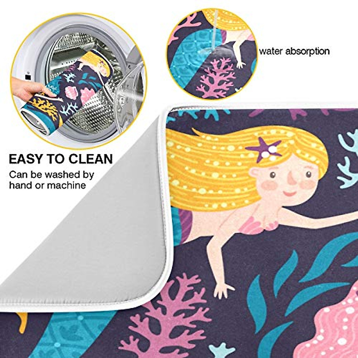 Cute Mermaids Whale Corals Seaweed Dish Drying Mat 24"x18" Absorbent Machine Washable Hanging Fast Dry Pad Dish Protective Mat for Kitchen Countertop Heat Resistant Dinner Table Mat