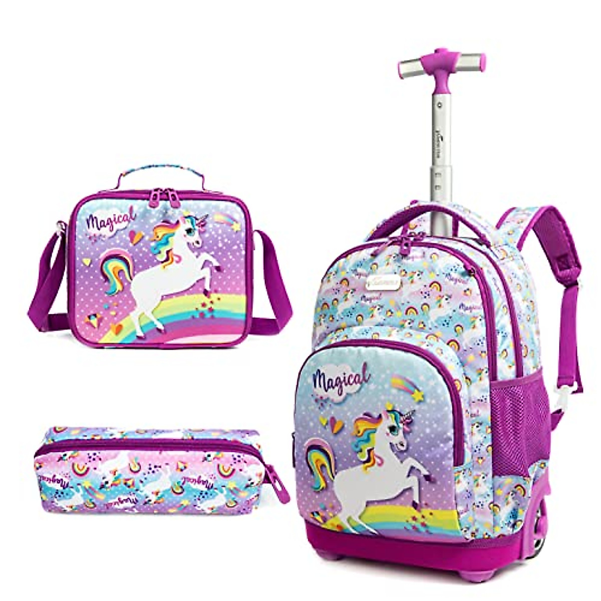 Oruiji Rolling Backpack for Girls Backpack with Wheels Unicorn Kids Wheeled Backpack for School with Lunch Box Trolley Wheeled Backpack Luggage Suitcase for Teen Girls