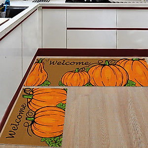 Beauty Decor 2 Piece Kitchen Mats Cushioned Anti-Fatigue Kitchen Rug Thanksgiving Welcome Pumpkins Vintage Background Non Slip Thick Floor Thanksgivingbdr7513, 16x24In+16x47In