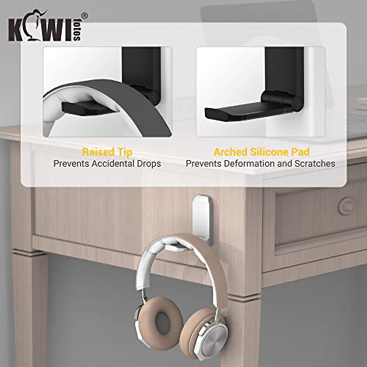 KIWIFOTOS 2 PackA dhesive Desk Headphone Hanger, PC Gaming Headset Holder Stand, Adhesive Holder Mount for Wall, Foldable Headphones Hook Mount Under Desk - White,Two Pack