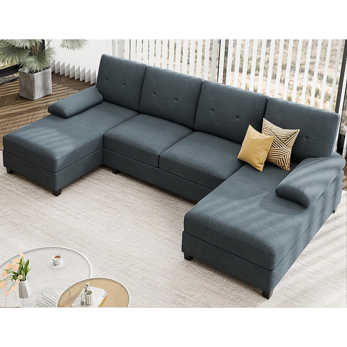 JAMFLY Sectional Sofa Couches for Living Room Clearance Set, U Shaped Couch 4 Seat Sofa Set with Double Chaise, Dark Grey