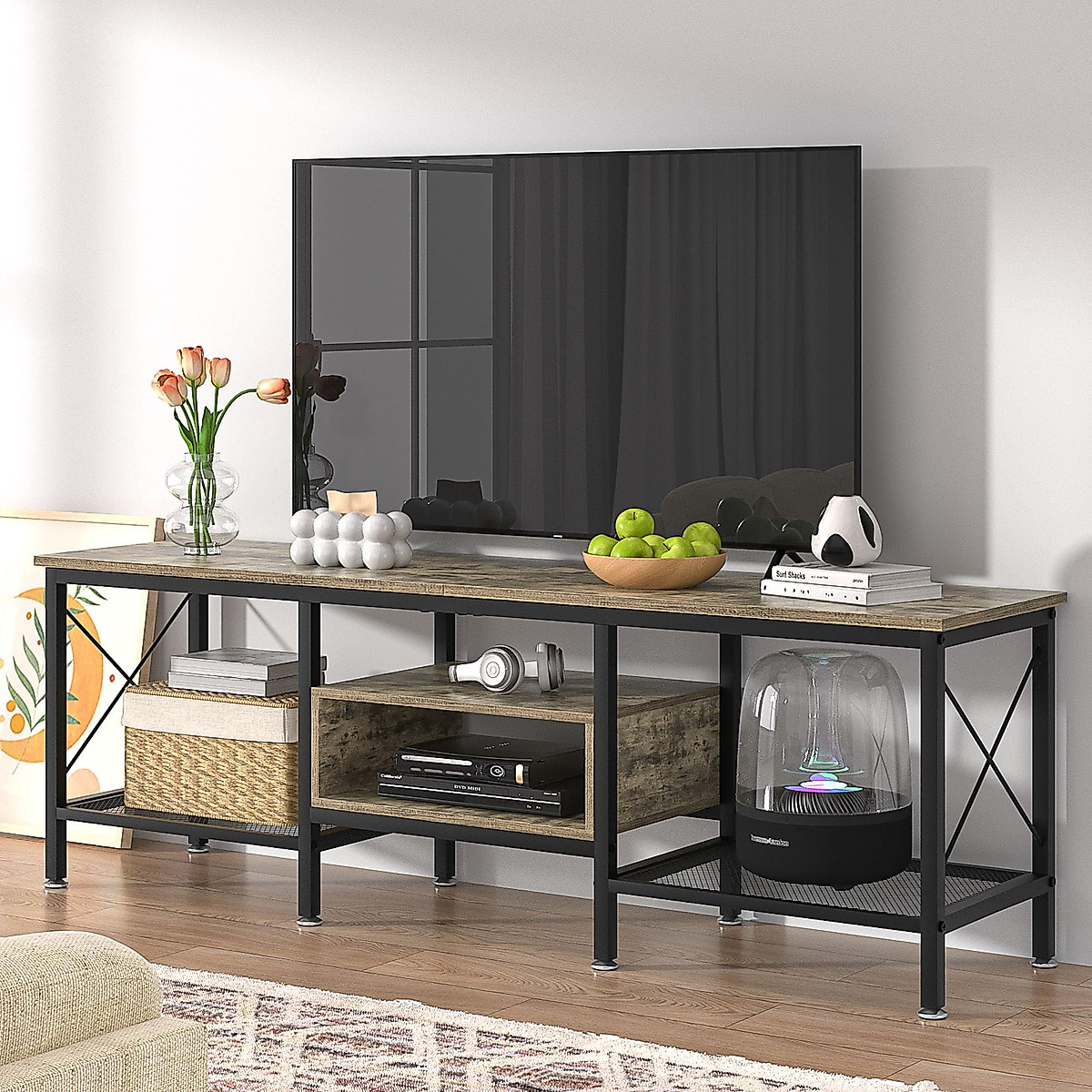VECELO Industrial TV Stand for 65 Inch Television Cabinet 3-Tier Console with Open Storage Shelves, Entertainment Center Metal Frame for Living Room, Bedroom, 55 Inch, Grey