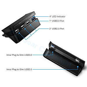 ElecGear USB Hub 3.0 for PS4 Slim, USB Extension Adapter Splitter Charging Port (1x USB3.0 and 3X USB2.0) with LED for Playstation 4 Slim CUH-2xxx