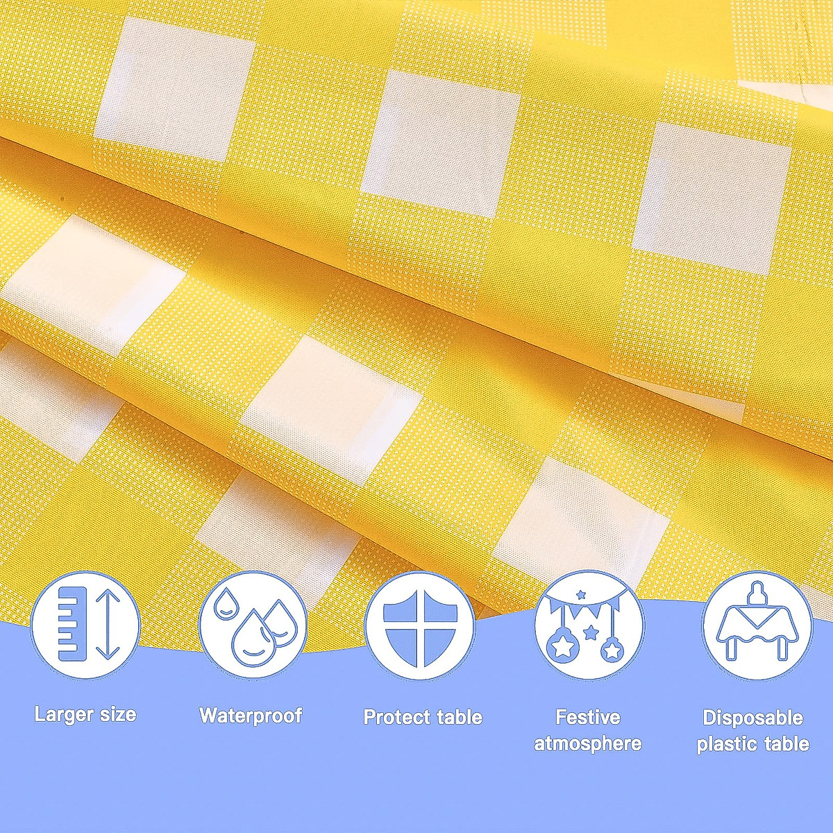 2 Pack Yellow Gingham Tablecloth Decorations, Yellow and White Checkered Background Disposable Plastic Tablecloth, 54 x 108 Inch Tablecloth for Birthday Party, Outdoor Dinner, Holiday Party Deco