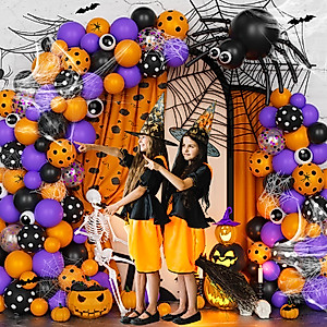 Fiesec Halloween Balloon Garland Arch Kit, Halloween Themed Party Decorations with BOO Foil Balloons Spider Web Bat Ghost Purple Black Orange, Happy Halloween Indoor Outdoor Yard Home Room Décor