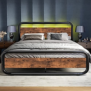 King Size Bed Frame LED Bed Frame with Headboard Heavy Duty King Size Beds Metal Rustic Bed Frame Wood Platform Bed Frame Under Bed Storage Noise Free No Box Spring Needed (Rustic Brown, King)