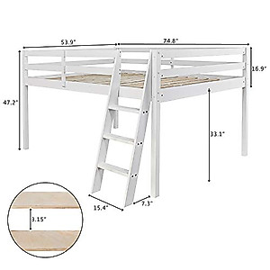 VINGLI Junior Low Loft Bed with Stairs, White Wood Loft Bed Full Size for Adults, Kids and Young Teens, No Box Spring Required,Wood Slat Support