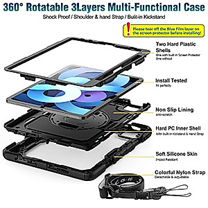 iPad Air 5th/4th Generation/Pro 11 (4th/3rd/2nd) Case, SEYMAC stock Full-Body Drop Protection Case with Screen Protector Pen Holder [360° Rotate Hand Strap/Stand] for iPad 10.9/11 Inch (Black)