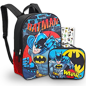 Batman Backpack and Lunch Box Set for Kids ~ Deluxe 16" Batman Backpack with Insulated Lunch Bag and Stickers (Batman School Supplies Bundle)