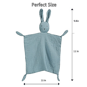 insular Bunny Lovey Blanket for Boys and Girls, Organic Cotton Muslin Security Blanket for Babies, Soft Breathable Lovie Soothing Towel for Newborn and Infant, 2 Pcs Set (Blue&Grey)