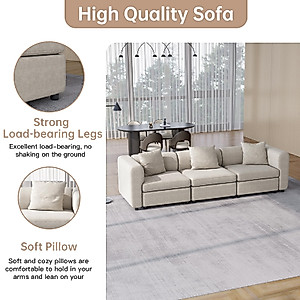 Miuuod 3 Seaters Extra Large Sectional Sofa for Living Room,3 Seats for Small Room,Broad Seater Convertible Couch,Soft Sofa Bed,Oversized Deep Seat Retro Couche, Sofa for Bedroom Beige