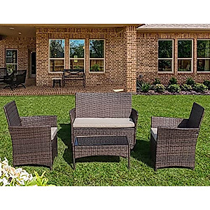 Devoko 4 Pieces Patio Porch Furniture Sets PE Rattan Wicker Chairs Beige Cushion with Table Outdoor Garden Patio Furniture Sets (Brown)