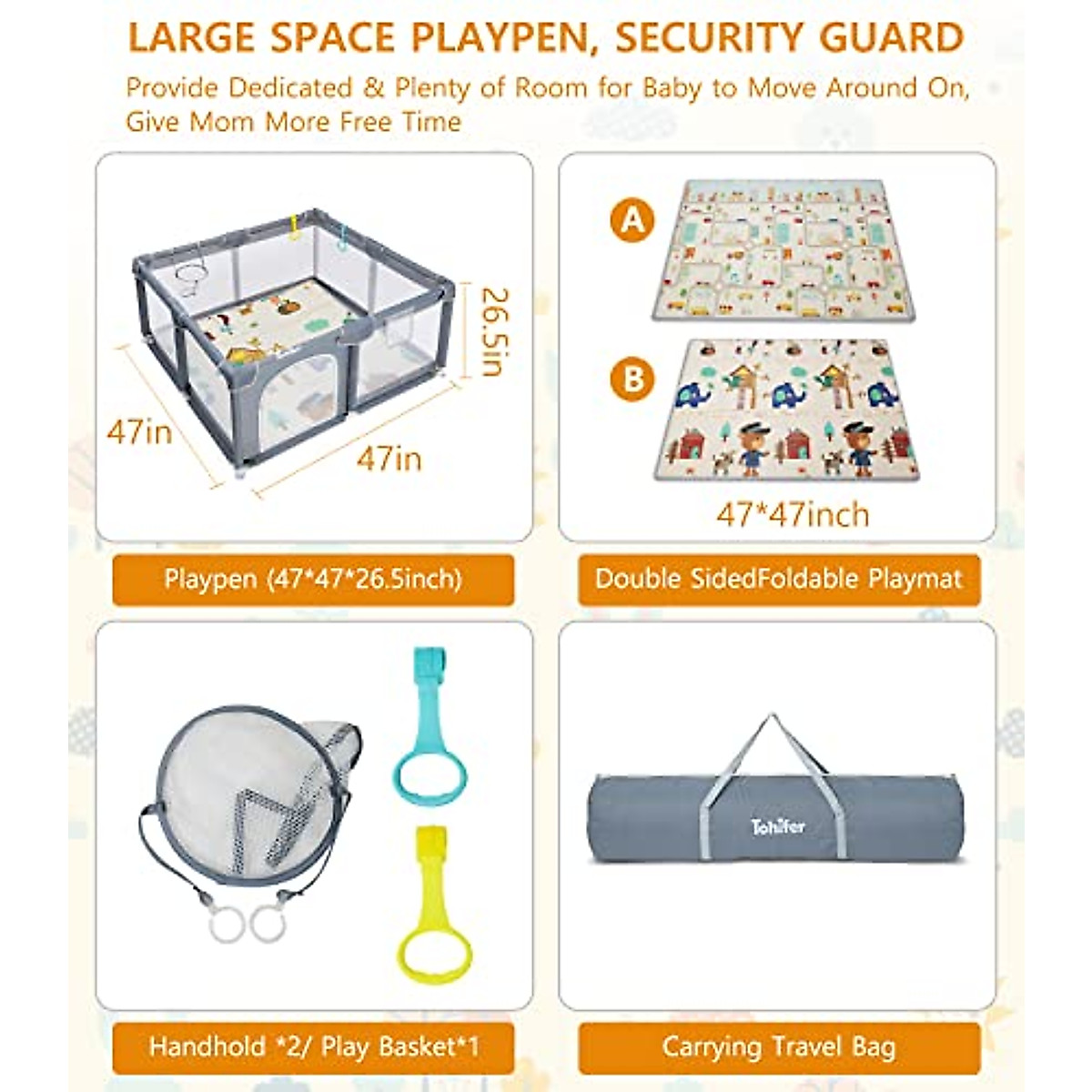 Baby Playpen with Mat, Large Baby Playard for Toddler, BPA-Free, Non-Toxic, Safe No Gaps Play Yard for Babies, Indoor & Outdoor Kids Activity Center 47"x47"x26.5" with 0.4" Foldable Playmat
