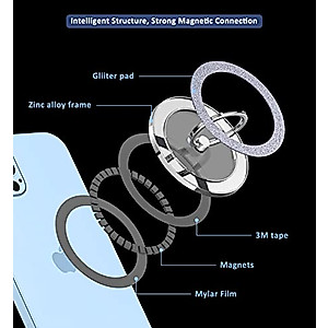 Magnetic Phone Ring Holder for MagSafe - Pikabo Magnetic Phone Grip, Phone Stand, Phone Finger Ring for iPhone MagSafe, Compatible with Wireless Charging. (Glitter Silver)