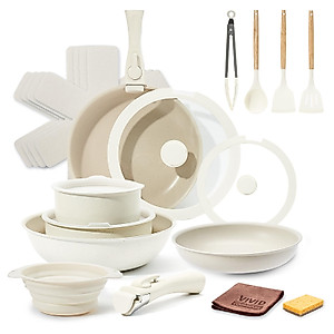 VIVIDCOOKWARE 22pcs Pots and Pans Set Non Stick, Ceramic Cookware Set with Detachable Handle, Pot Sets for Cooking Nonstick with Collapsible Dish Basin, Oven Safe