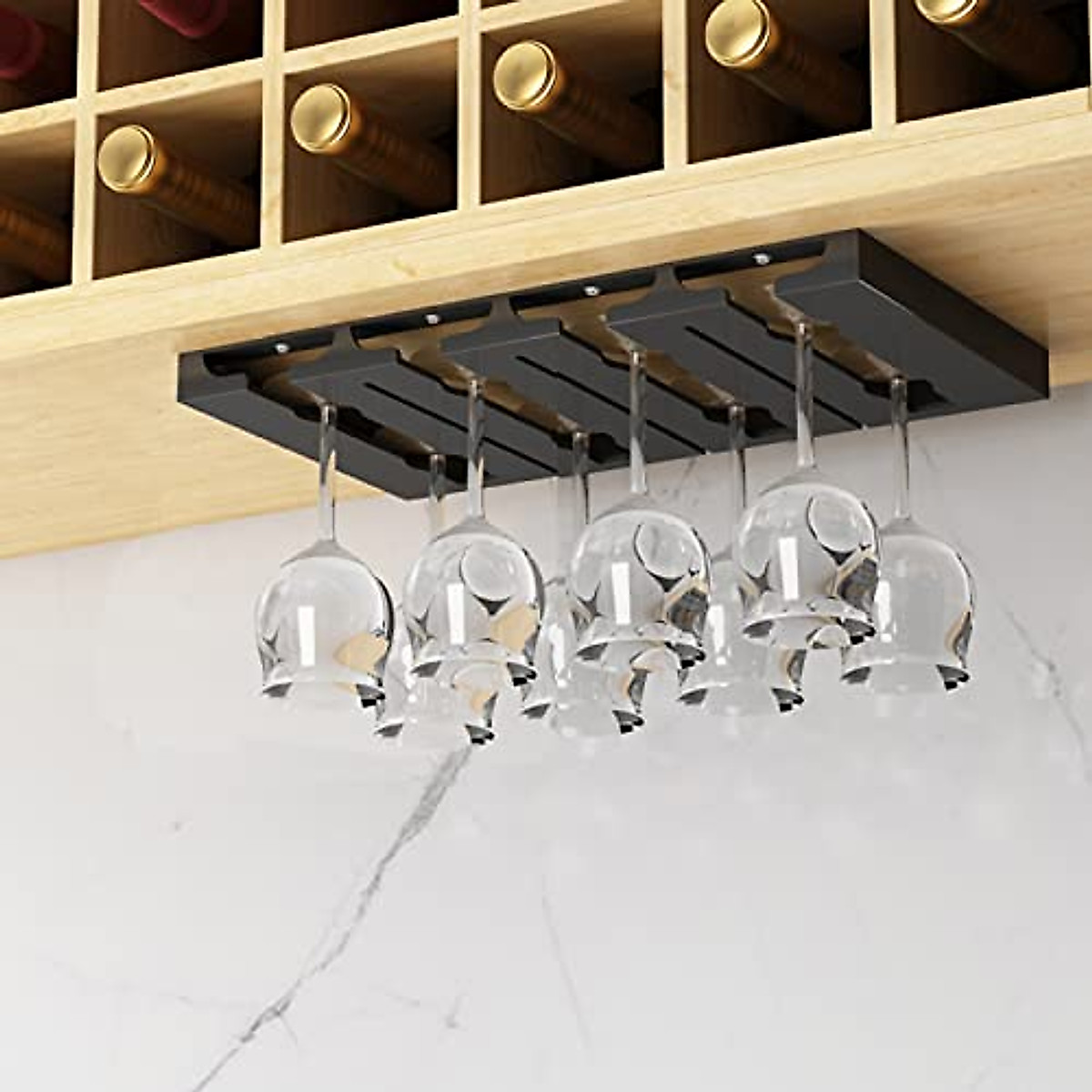 Hanging Wine Glasses Rack Under Cabinet Stemware Storage Hanger 16.54in with 4 Rows Stainless Steel Bar Shelves for Kitchen Restaurant Screw Install,Black,For 1.6 to 3.54 in Base Goblet (HJJ-003)