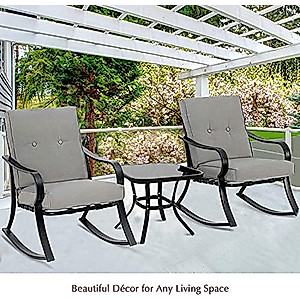 Betterland Outdoor 3-Piece Rocking Chairs Patio Bistro Sets, Glass-Top Coffee Table & Black Metal ​Patio Furniture with Thickened Cushions (Grey)