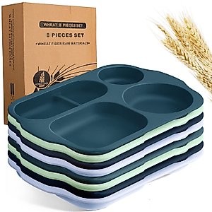 8 Pcs Large 12 Inch Unbreakable Divided Plates Section Plates Kids Food Tray 5 Compartment Plates Wheat Straw Toddlers Lunch Trays for Kid Toddler Children Adult Microwave Dishwasher Safe (Multicolor)
