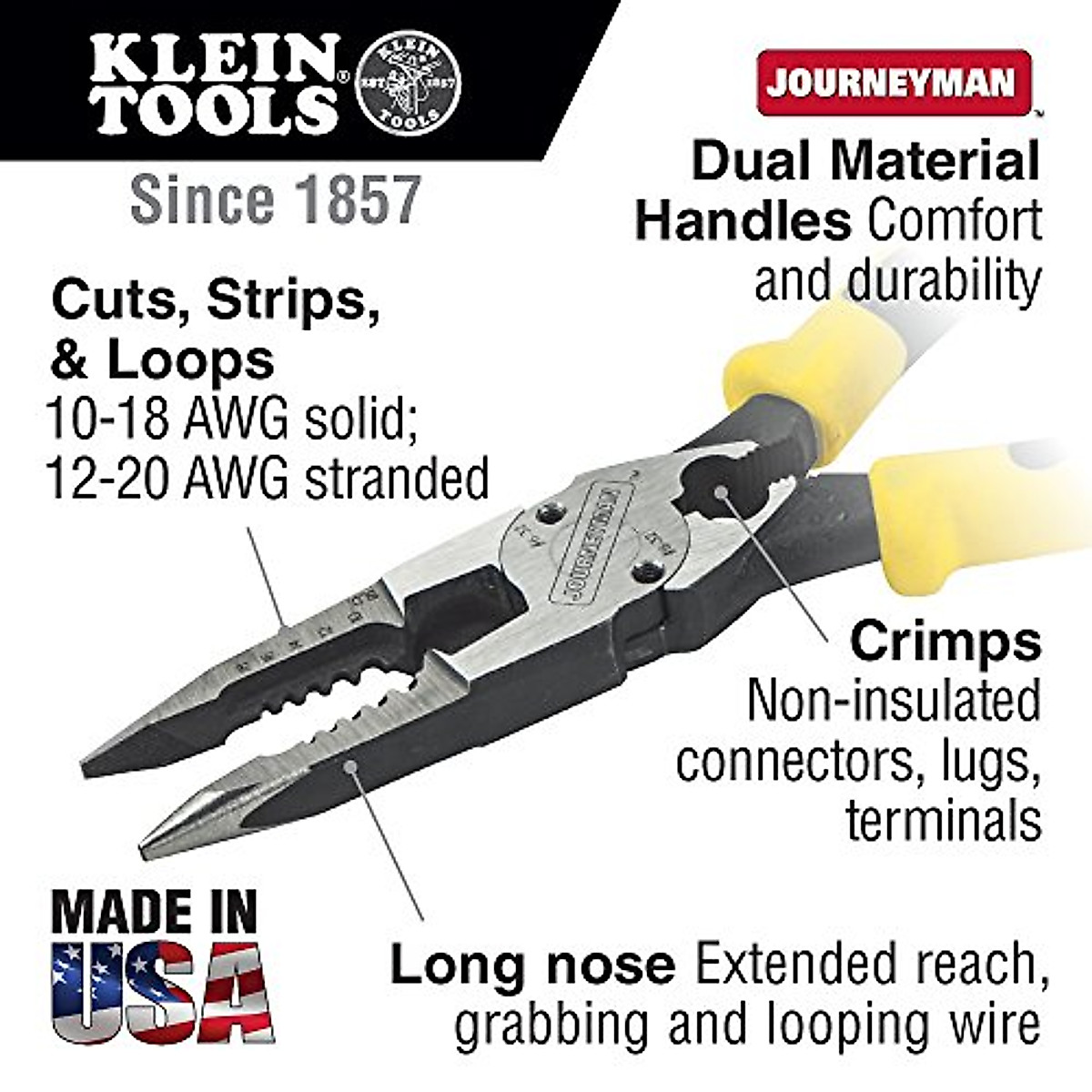 Klein Tools J207-8CR Needle Nose Pliers are All-Purpose Linesman Pliers for Crimping, Looping, Cutting, Stripping, Crimping, Shearing