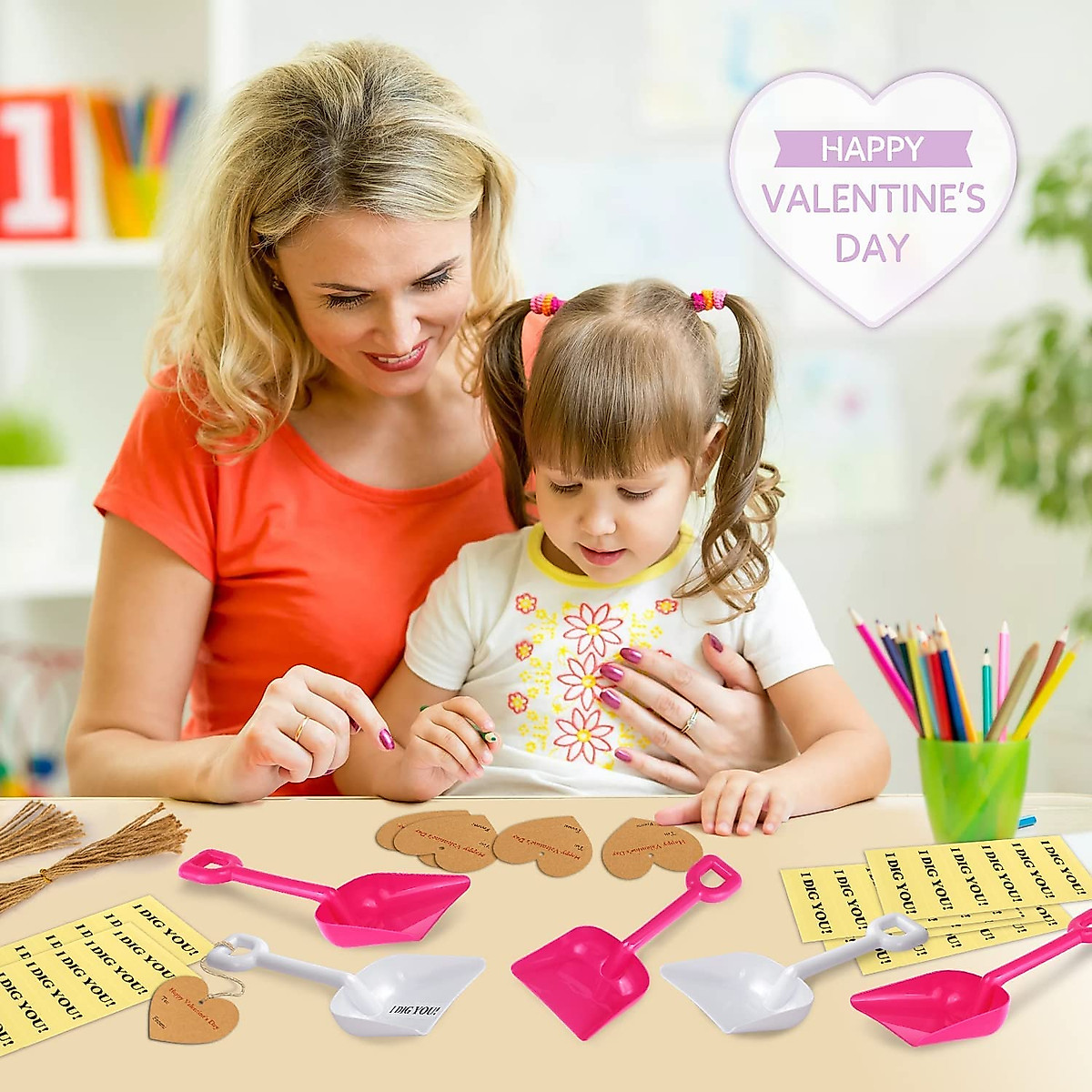 24 Pack Valentine's Greeting Cards With Plastic Toy Shovels,24 I Dig You Stickers,24 Ropes,24 Valentines Day Cards,Prizes For School Classroom,Kids Exchange Gifts,Party Favors,Kids Sand Shovels