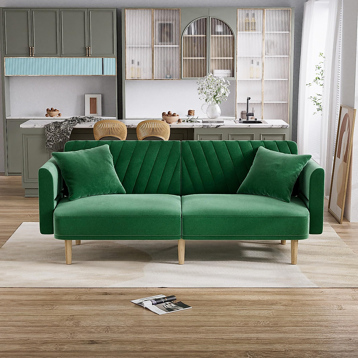 OUYESSIR Velvet Futon Sofa Bed, 75.3" Couch Small Sofa, Loveseat, Convertible Futon Sleeper Sofa with Folding Armrests, Modern Couch for Bedroom, Living Room, Emerald Green