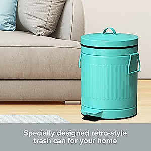 Trashaholic Retro 8L Round Metal Trash Can with Lid and Handles, Teal, 12-Inch