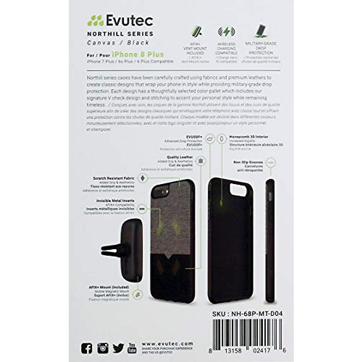 Evutec Compatible with iPhone 6 Plus/6s Plus/7 Plus/8 Plus Unique Heavy Duty Case Leather + TPU Shockproof Interior Drop Protection Phone Cover-Canvas/Black (AFIX+ Vent Mount Included)