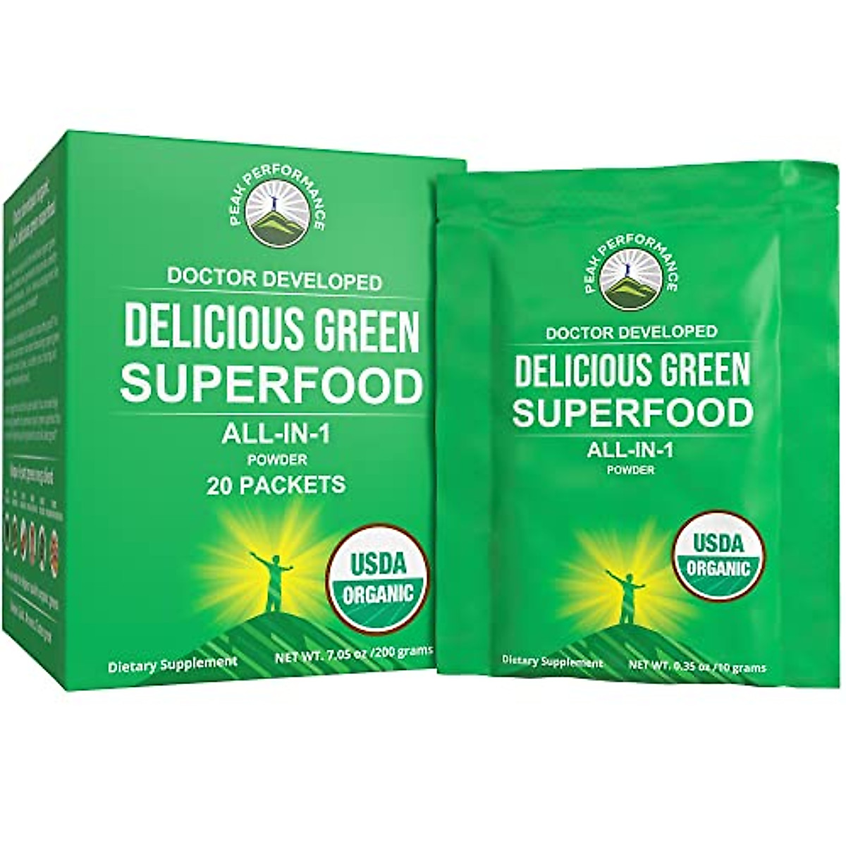 Peak Performance Organic Greens Superfood Powder Single Serve Travel Packets. Best Tasting Organic Green Juice Super Food with 25+ All Natural Ingredients for Max Energy and Detox. (20 Pack)