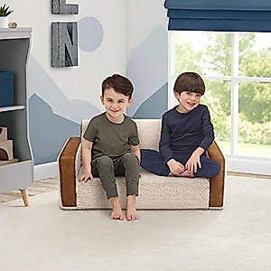 Delta Children Cozee Flip-Out Sherpa 2-in-1 Convertible Sofa to Lounger for Kids, Cream Sherpa/Faux Leather