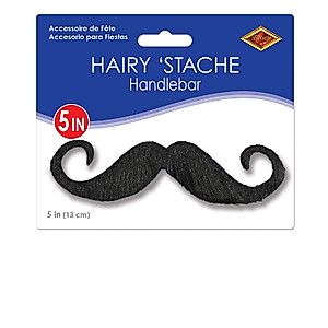 Beistle Handlebar Mustache, Self-Adhesive Fake Hairy 'stache, Halloween Stick on Facial Hair for Pirates, Cowboys, & Mario Costume for Parties, 5”