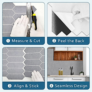 SUNWINGS Backsplash Tile for Kitchen Peel and Stick, Stone Composite Self Adhesive Tiles Faux Marble Pattern Long Hexagon Mosaic Wall Tile for Kitchen, 12 Inch x 11.22 Inch 10 Sheets Grey