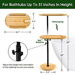 NiHome Bamboo Swivel Sofa Armrest Tray Table for Couch with Thickened Stable Non-Tipping Base, Adjustable Height TV Tray Table, Side Tray Table with 360° Rotating for Bath Tub Hot Tub Bedside Balcony