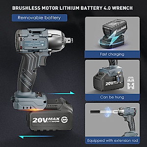 WSSEY 1/2 Inch Cordless Impact Wrench with 4.0Ah Battery, 4000mAh Capacity, 2800-2300 RPM Speeds, Ergonomic Handle, LED Work Light, Metal Hook for Hanging