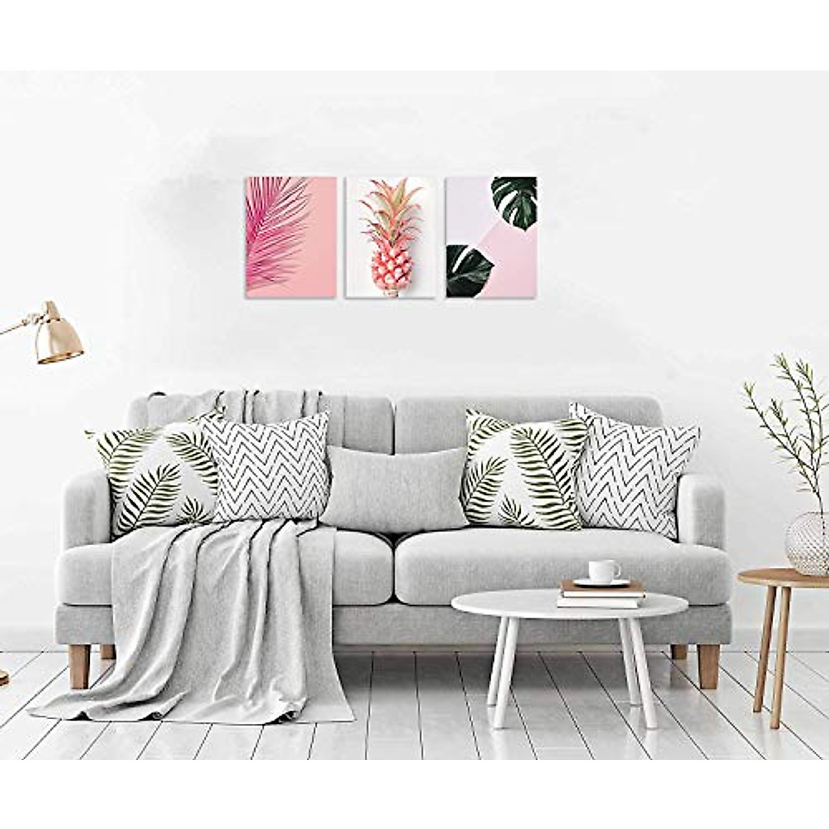 TutuBeer Plant Wall Art with Pink Pineapple at Pink Background Tropical Wall Decor Green Plant Art 12" x 16" x 3 Pieces Canvas Pictures Prints Artwork Ready to Hang for Home Decoration Wall Decor