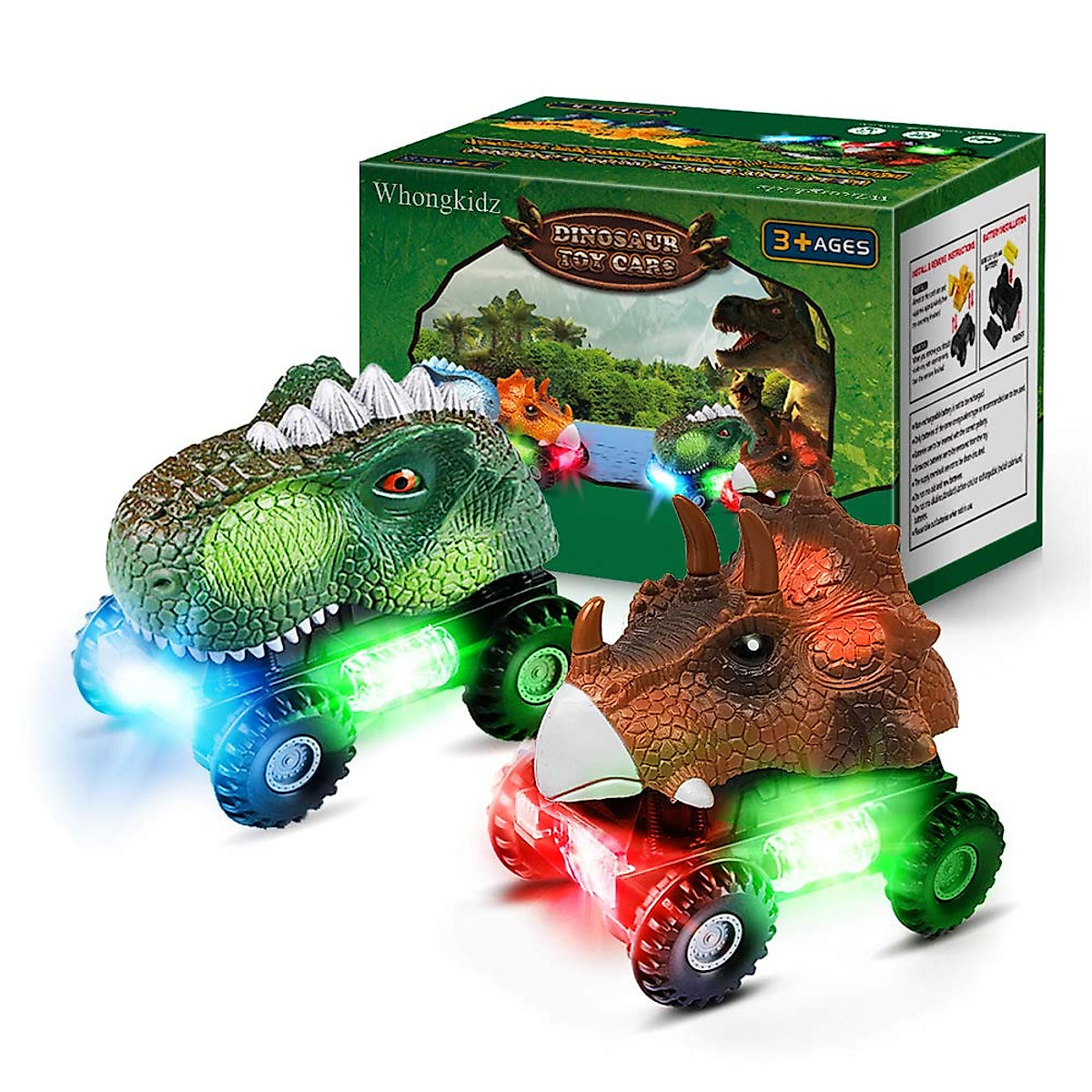 Whongkidz Dinosaur Toy Cars 2 Pack Set for Boys Girls Toddler Kids Toys Dino Car with LED Lights and Sounds Effect Automatic Dino Truck
