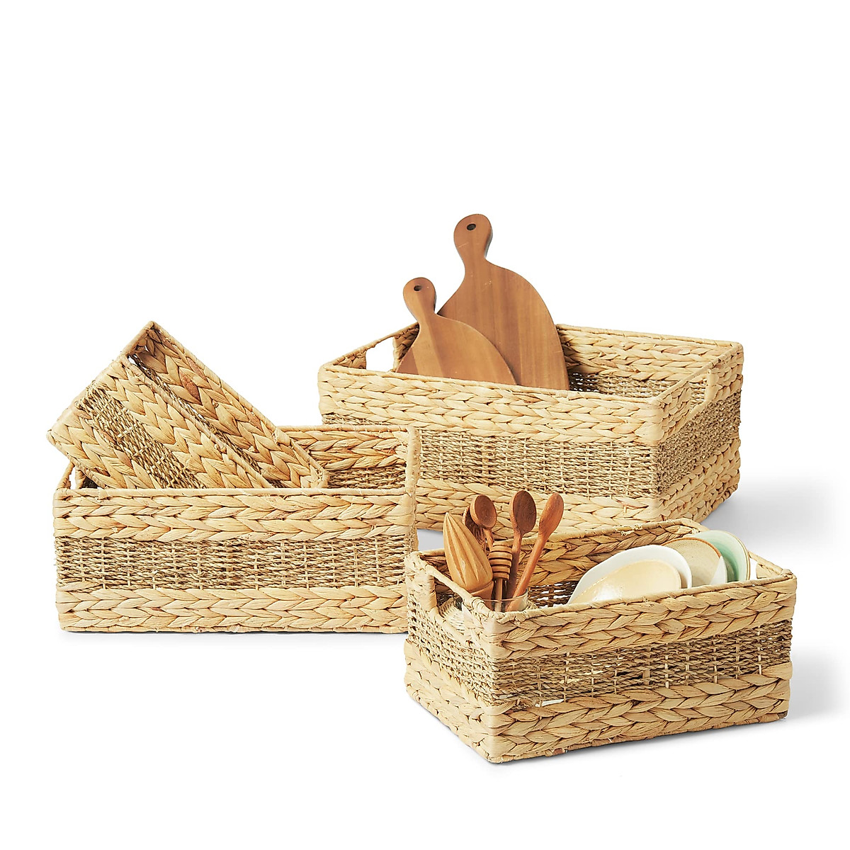 Artera Large Wicker Storage Basket - Set of 4 Woven Water Hyacinth Baskets with Handle, Large Rectangular Natural Nesting Storage Bins for Bedroom, Bathroom, Laundry Room or Kitchen (Style 1)