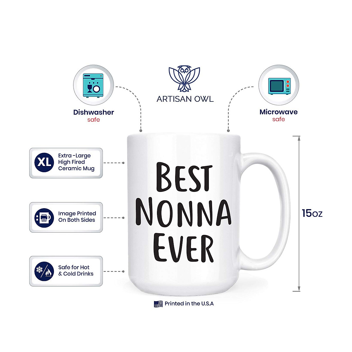 Artisan Owl Best Nonna Ever - 15 oz Double-Sided Coffee Tea Mug (Best Nonna Ever)