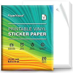 PAPERVISUAL Printable Permanent Vinyl Paper - 20 Sticker Sheets For Printer - Matte White Waterproof Sticker Paper - Thick Tear-Resistant Sticker Printer Paper - Laser, Inkjet Printable Sticker Paper