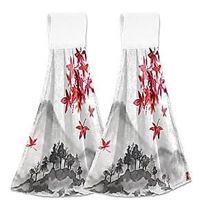 2 Pack Fall Red Maple Leaves Hanging Kitchen Towel with Loop Ink Japanese Mountains Hand Towels Soft Microfiber Coral Velvet Dish Towel for Bathroom Washcloth Absorbent Tie Towel …