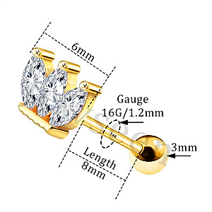 Jewseen 14K Gold Cartilage Earring Cubic Zirconia Tragus Earring 16g Crown Design Helix Stud Rings Solid Gold Conch Ear Piercing Jewelry