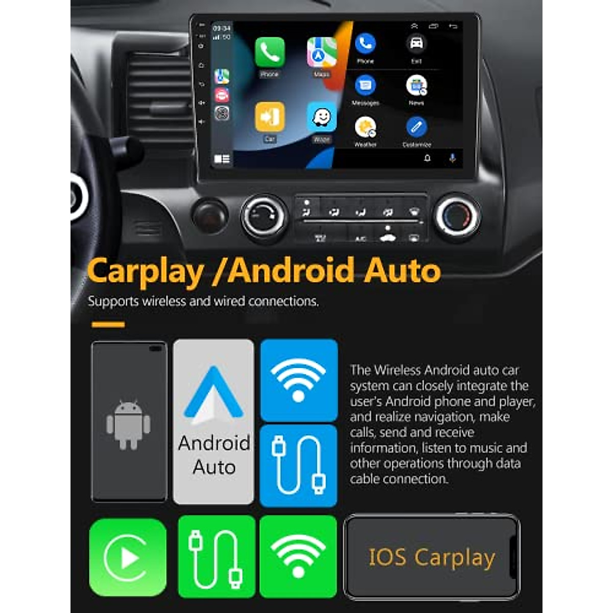 Android 11 for Honda Civic Car Stereo 2006-2011 with Wireless Carplay Android Auto, 10.1 Inch Touch Screen Car Radio Supports GPS Navigation, SWC, WiFi, Hi-Fi Sound System, FM/RDS, Split Screen