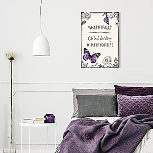 YPY Inspirational Quote Canvas Wall Art : Purple Butterfly Picture Motivational Framed Poster, What if I Fall Positive Sign for Teen Girl Bedroom 10" x 15"