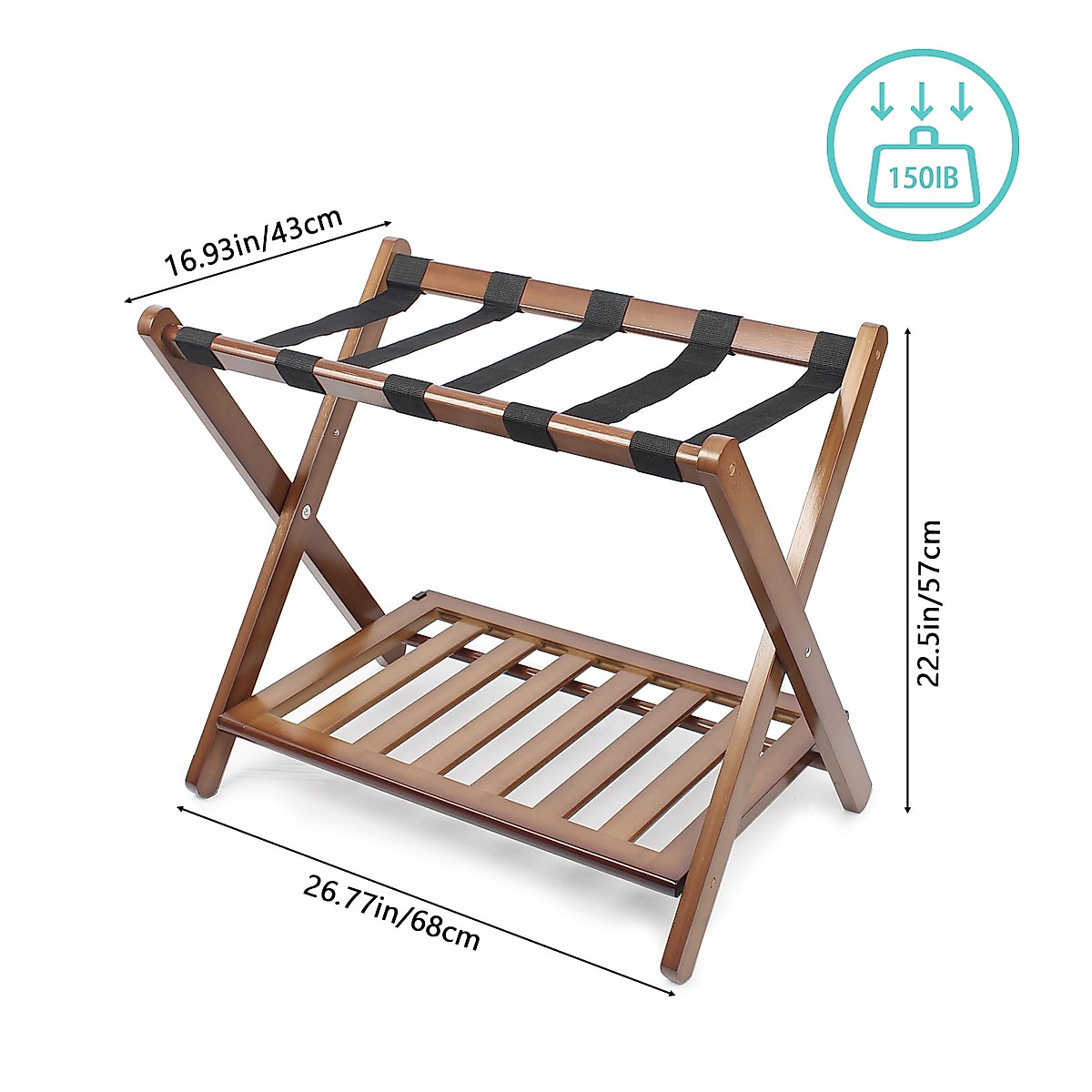 Smart FENDEE Fully Assembled Walnut Luggage Rack with Storage Shelf, Folding Suitcase Stand with 5 Heavy-Duty Straps, Large Wooden Luggage Holders for Guest Room Must Haves, Ideal for Bedroom, Hotel