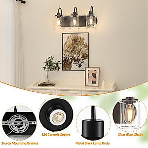 Baocuz 3-Light Bathroom Light Fixtures, Black Vanity Light Farmhouse Wall Sconces with Clear Glass Shade, Modern Bathroom Wall Lamp for Mirror Bedroom Hallway Living Room Cabinet
