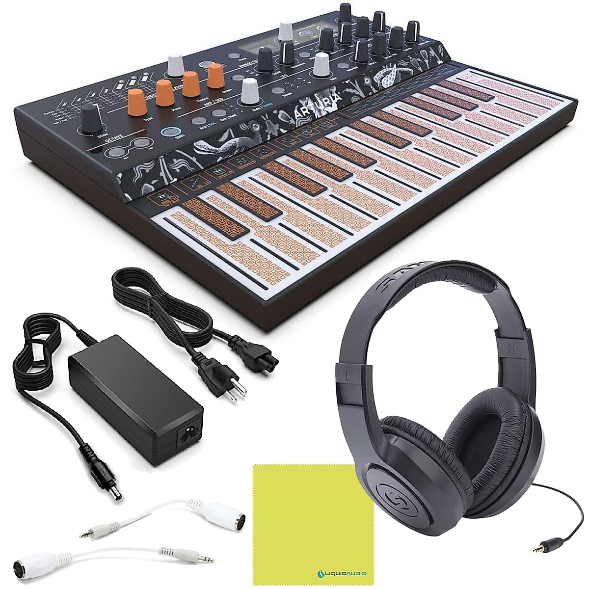 Arturia MICROFREAK Synthesizer with Poly-aftertouch Flat Keyboard BUNDLE with Samson Over Ear Headphones, Power Adapter & Instrument Polishing Cloth- Analog Synth, Synthesizer & workstation keyboards